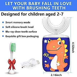 Kids Electric Toothbrush U Shape Dinosaur Ultrasonic Automatic Toothbrush with Replacement Soft Bristles Heads Six Modes 360°Oral Cleaning IPX7 Waterproof Smart Rechargeable Toothbrush (3. Orange)