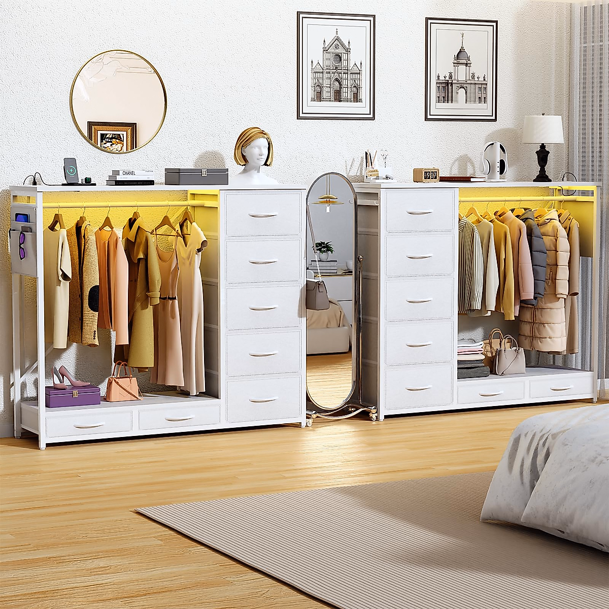 SZLHANJZ Dresser for Bedroom with Hanging Rack, 7 Drawer Clothes Storage Chest with Lights and Charging Station, Wardrobe Dresser with Hooks and Pocket, Wood Top, Nursery White