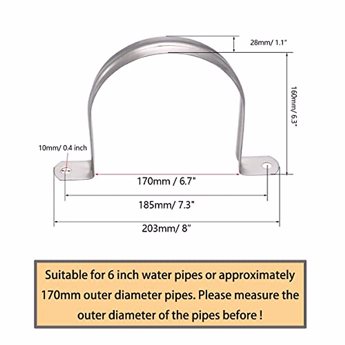 6 Inch Two Hole Strap U Bracket, Stainless Steel Tube Strap Tension Clip Assortment Kit Heavy Duty Rigid Pipe Strap Clamp For The Inner Diameter of Water Pipe is 6 Inch (185mm)
