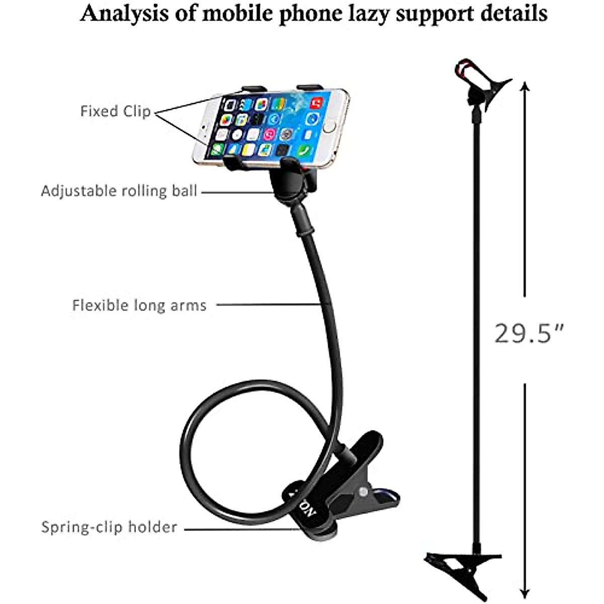 ZTON Cell Phone Holder, Universal Mobile Phone Stand, Lazy Bracket, Flexible Long Arms Clip Mount for iPhone, LG etc. in Office Bedroom Desktop (Black)