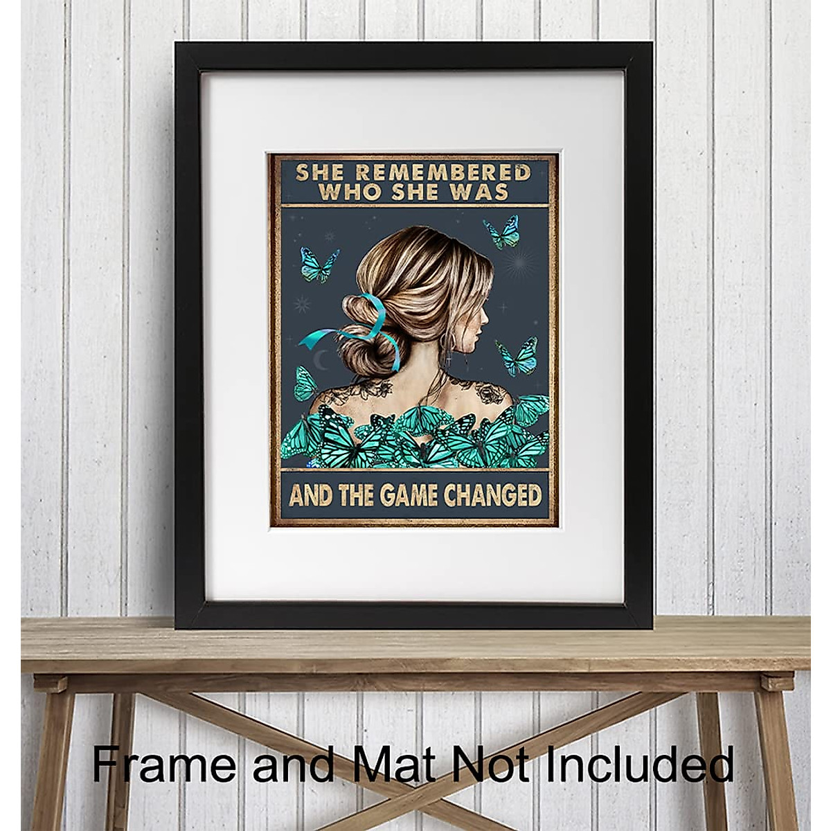 She Remembered Who She Was And The Game Changed - Positive Quotes Wall Decor - Uplifting Inspirational Encouragement Gifts for Women, Teen Girls - Motivational Wall Art - Light Blue Boho Decoration