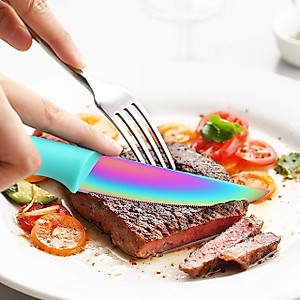 KYA36 Rainbow Titanium 12-Piece Stainless Steel Kitchen Knives Set with Sheath + Marco Almond KYA47 Rainbow Titanium Serrated Stainless Steel Steak Knives Set of 8