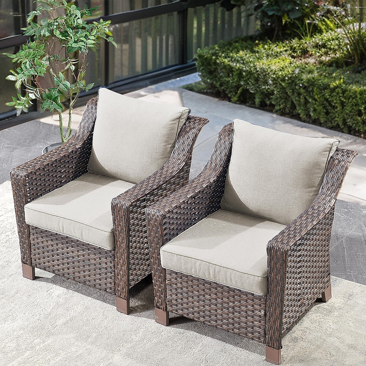 Outdoor Wicker Patio Chairs Set of 2 - Heavy Duty Outside Modern PE Rattan Lawn Chair for Front Porch Balcony Backyard Yard Deck Poolside Apartment – Brown/Beige