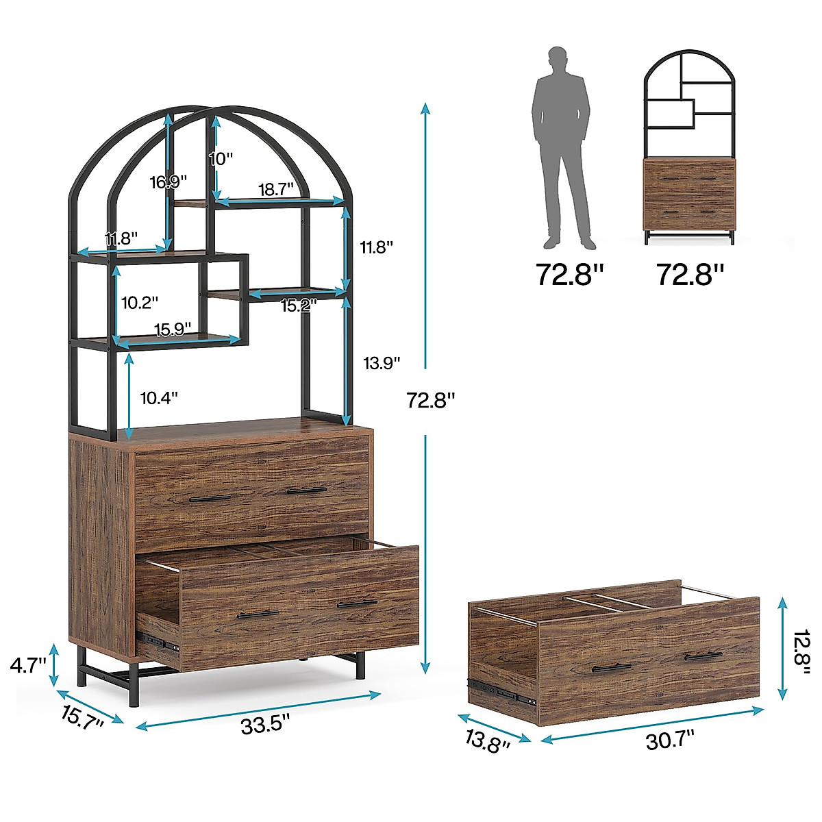 Tribesigns 4-Tier Bookshelf with 2 Drawers, Industrial Open Book Shelf Arched Bookcase, 70.8" Tall Storage Shelves Display Rack with LED Light and Metal Frame for Living Room (1, Grey)
