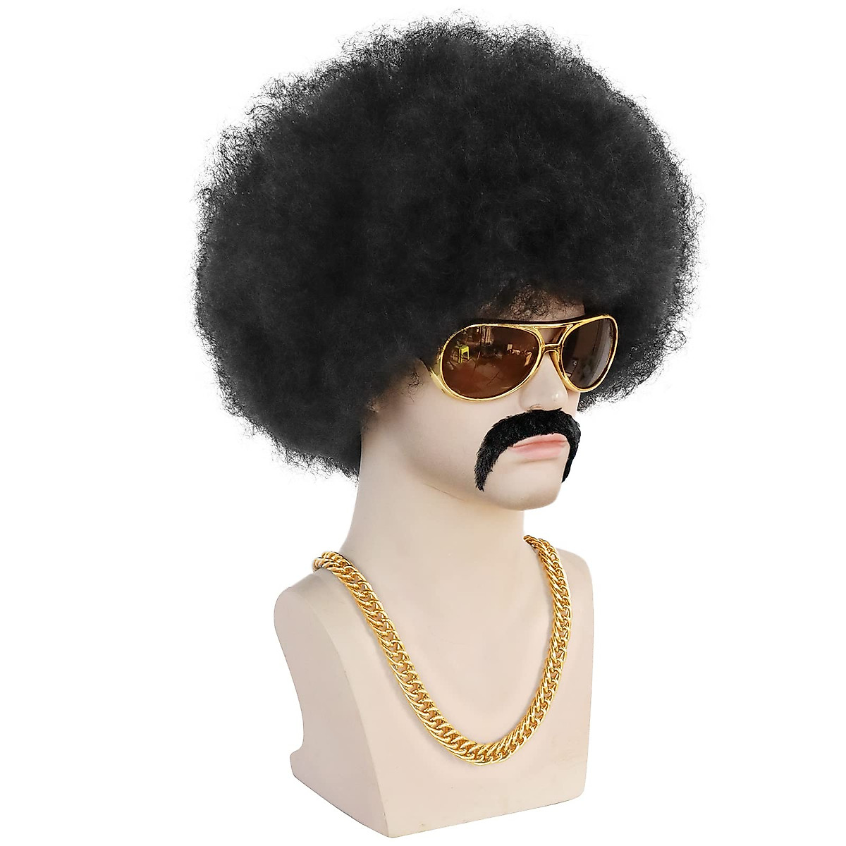 Anogol 5pcs Set (Hair Cap+Glasses+Mustache+Necklace+Wig) Afro Wig Men, 1970s Wig for Men, 70s Wigs for Men, 80s Wigs for Men, Disco Wig for Halloween, Short Curly Black Afro Wigs for Men Party