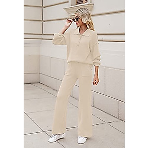 Pink Queen Women's 2 Piece Jogger Set Oversized Ribbed Knit Button Sweater Top Long Pants Tracksuit Pajama Set Beige XL