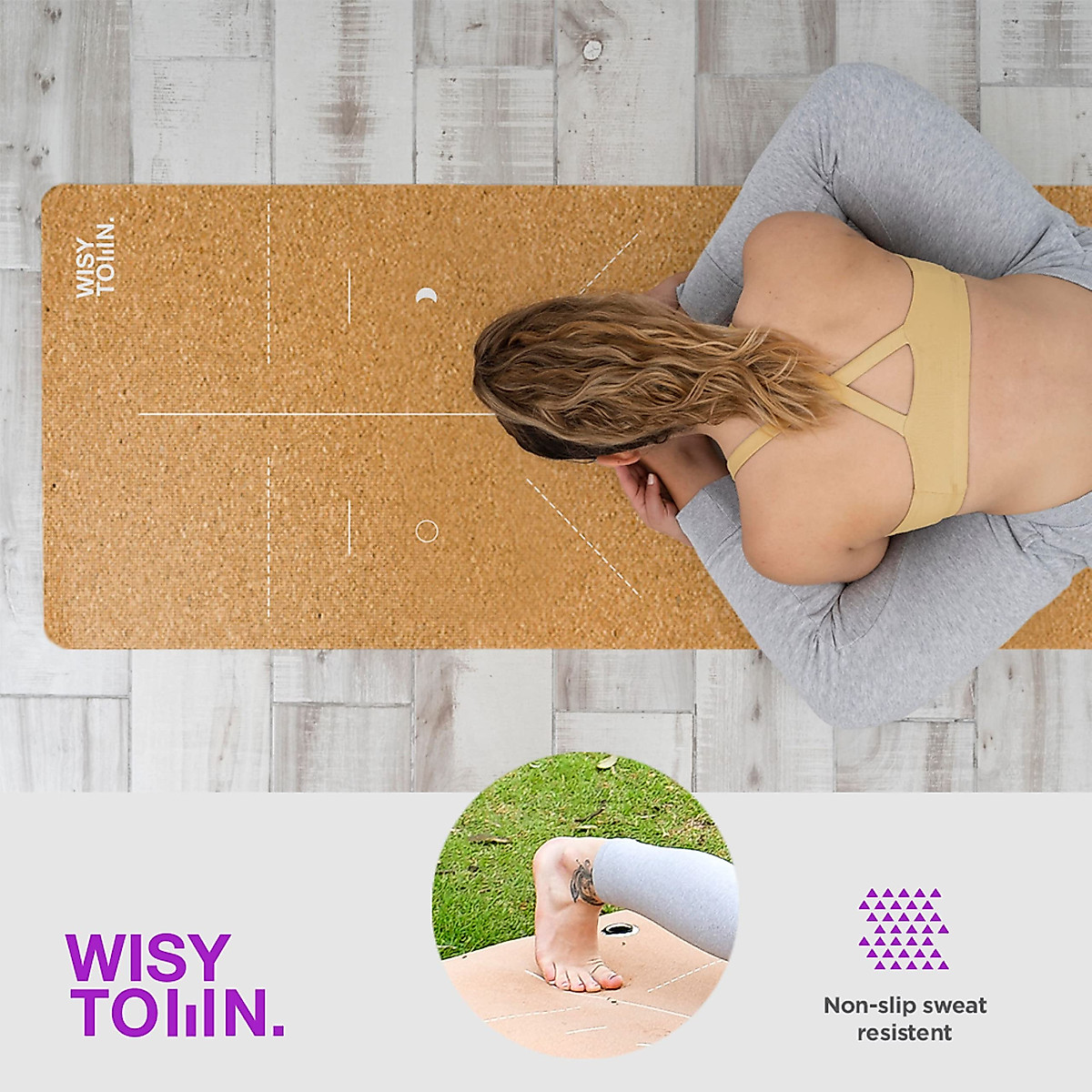 WISYTOWN Yoga Cork Mat Ecofriendly: Beautiful Organic Yoga Mat Extra Long and Wide. Anti slip yoga mat,Fitness mats,Hot Yoga 72"x24"x6mm