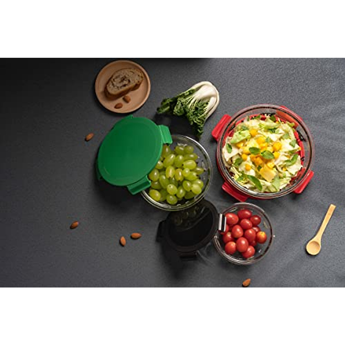 GENICOOK Borosilicate Glass Meal and Food Storage Container, Round Shape, 6 pc Set (3 Containers - 3 Lids), Farm-style Rooster Design