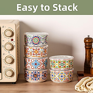 Chubacoo Ceramic Bowl with Lid: Microwave Safe Soup Containers Set of 6 for Meal Prep, Cereal, Salad, Picnic, Camping, Office Lunch, Kitchen Food Storage - 5 Inch, 20 oz, Design B