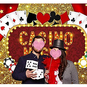 Casino Night Poker Dice Red Curtains Photography Backdrop Vinyl Las Vegas Gold Glitter Bokeh Photo Background Birthday Party Banner Decorations Banner 7x5ft Photo Booths Studio Props Dessert Table