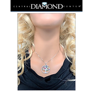 Central Diamond Center Tree of Life Mothers Birthstone Necklace w/ 1-12 Simulated Birthstones- Platinum Plated Silver