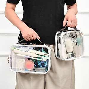 Cute Alien Planet Stars 2 Pieces Clear Makeup Cosmetic Toiletry Bags for Women Men PVC Waterproof Portable Travel Storage Carry Pouch with Gold Zippers Organizer Case for Organizing Traveling