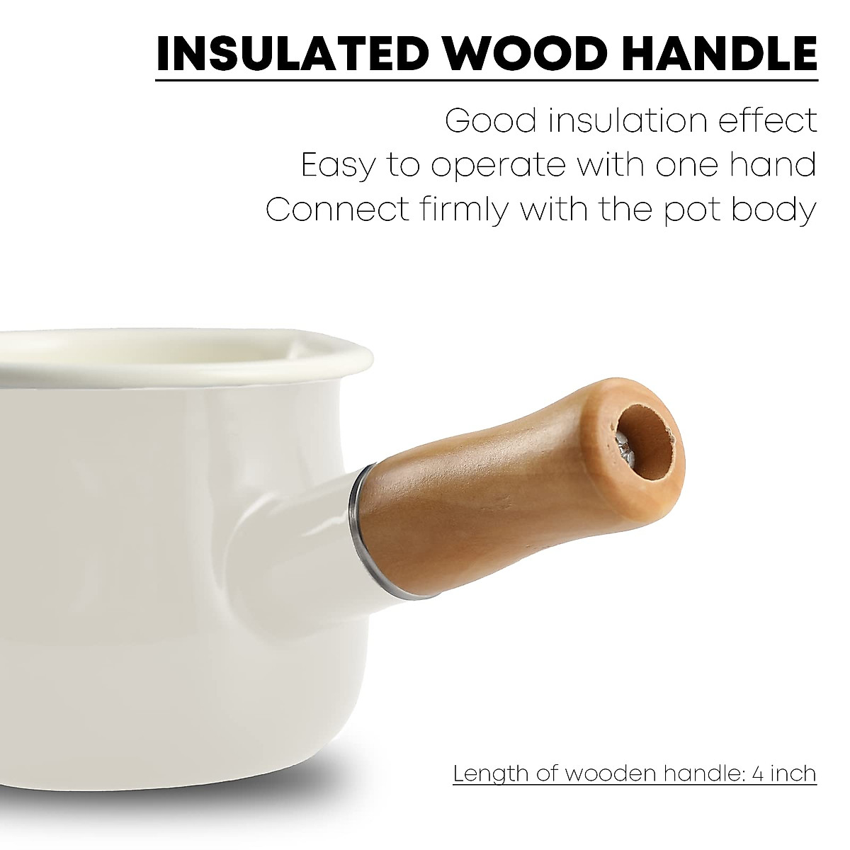 FARCADY 0.6qt Mini Enamel Milk Pot Insulated Wooden Handle 2 Pour Spouts Small Food Warmer Cute Saucepan(D015,White)