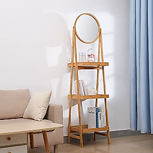 Proman Products Vega 3-Tier Bamboo Shelf Rack with Mirror ST17163, 17" W x 14" D x 64" H, Natural