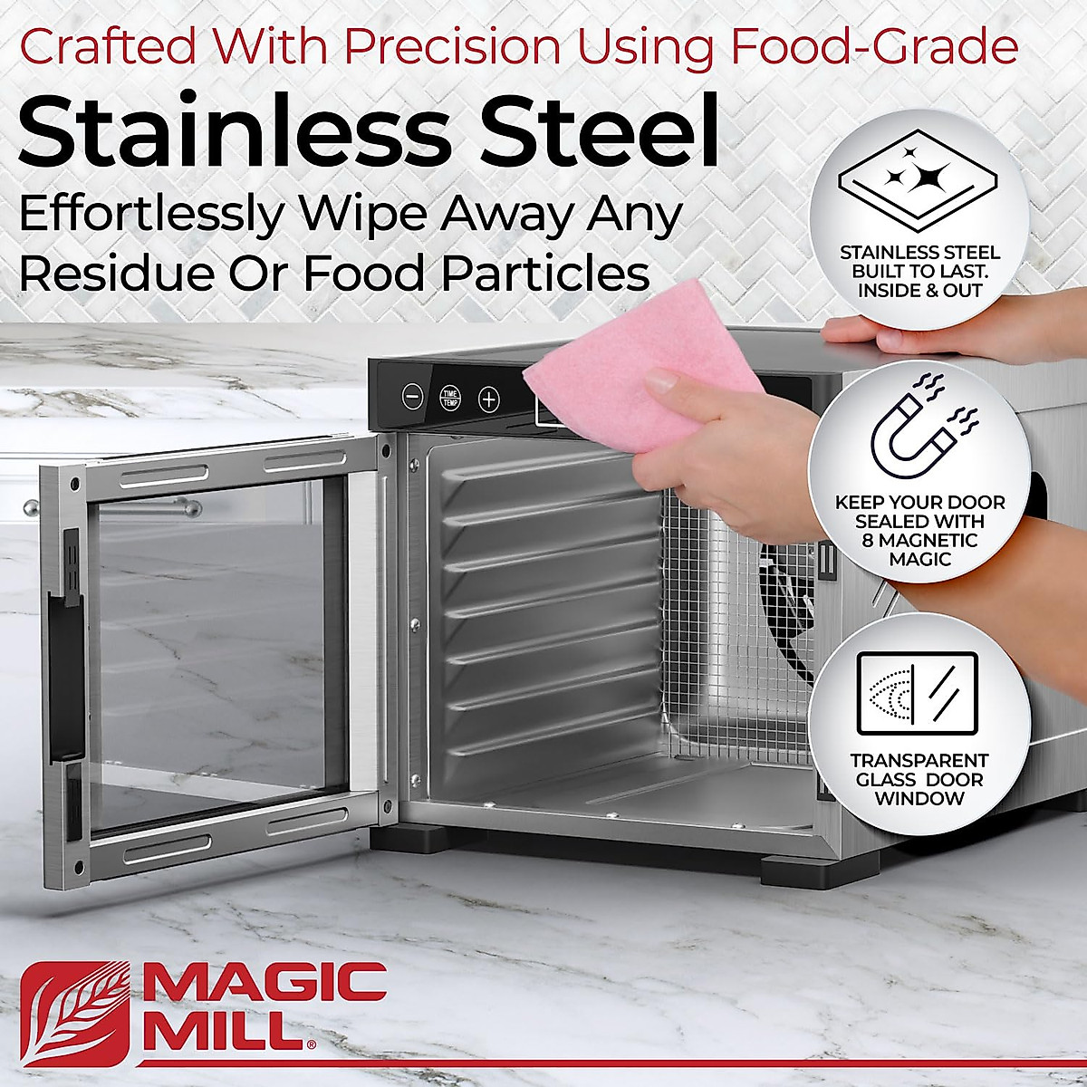 Magic Mill Pro Food Dehydrator Machine | 7 Stainless Steel Trays | Dryer for Jerky, Dog Treats, Herb, Meat, Beef, Fruit | Keep Warm Function, Digital Timer and Temperature Control, ETL Approved