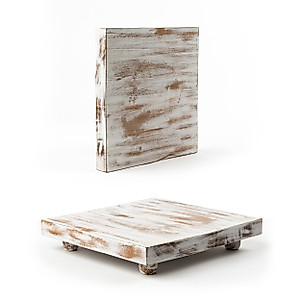 Set of 2 White Decorative Farmhouse Tray Risers with Feet, Square Rustic Wooden Stand and Pedestal, Home Centerpiece Decor
