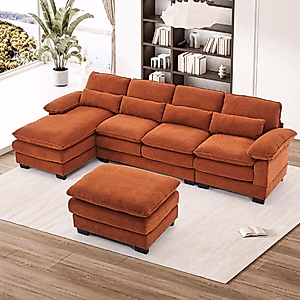 OUYESSIR 114" U Shape Sectional Sofa Cloud Couch for Living Room, Upholstery Comfy Modular Sofa, 4 Seat Chenille L-Shaped Sleeper Sofa with Chaise Lounge, Ottoman & Pillows,Orange
