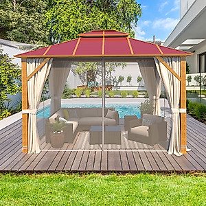 MELLCOM 10' x 12' Hardtop Gazebo, Wooden Finish Coated Aluminum Frame Outdoor Gazebo with Aluminum Double Roof, Claret Metal Gazebo with Curtains and Nettings for Patios, Gardens, Lawns, Parties