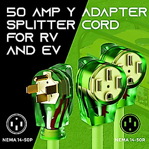 GearIT 50 Amp Y Splitter Adapter Cord for RV and EV, 4-Prong 250-Volt, NEMA 14-50P to x2 NEMA 14-50R, 6/3, 8/1 STW AWG Gauge for Outdoor Power Cord - Auto/RV/EV/Tesla Model 3/S/X/Y - 3.2 Feet