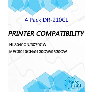 EASYPRINT Compatible (4-Pack, Drum only) DR210CL DR-210CL DR210 Drum Unit Used for HL3040CN 3070CW 9320CW MFC-9010CN 9120CW 9320CW Printer