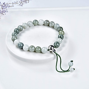 Cherry Tree Collection Mala Bracelet | 8mm Natural Gemstone Round Beads, Guru Bead, Durable Nylon Cord | Adjustable Length | Men and Women (Burma Jade - M/L)