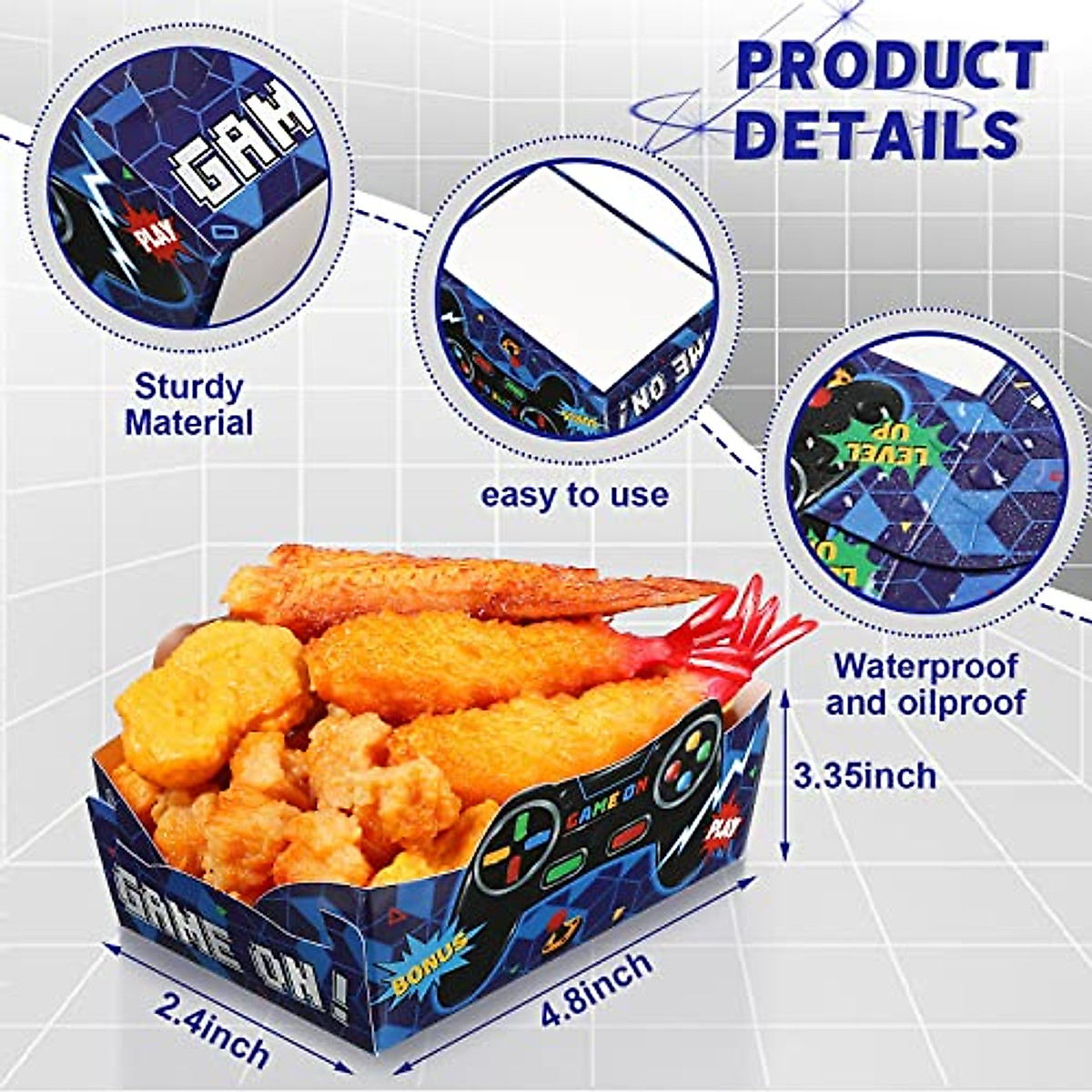 Funrous 50 Pcs Video Game Birthday Party Favors 2lb Disposable Paper Food Trays Snack Plates Gamer Birthday Party Decorations Supplies Gaming Food Boats Serving Trays for Nacho Hot Dogs Popcorn(Blue)