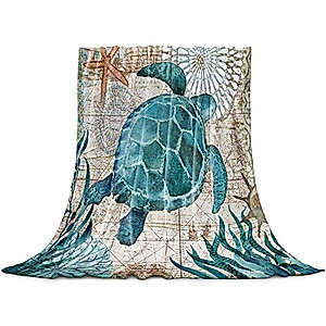 Sea Turtle Throw Blanket, Teal Flannel Fleece Blanket,Soft Cozy Fuzzy Comfy Warm Cute Lightweight Blanket for Women Adult Girl,Baby-Hawaiian Gifts - Microfiber Nap Blanket for Couch,Bed,Sofa - 60"x50"