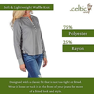 The Celtic Ranch Women's Long Sleeve Waffle Knit Henley, Crew Neck That Buttons Open to V-Neck, Contrast Fabric Sleeve Cuffs (Grey, Small)