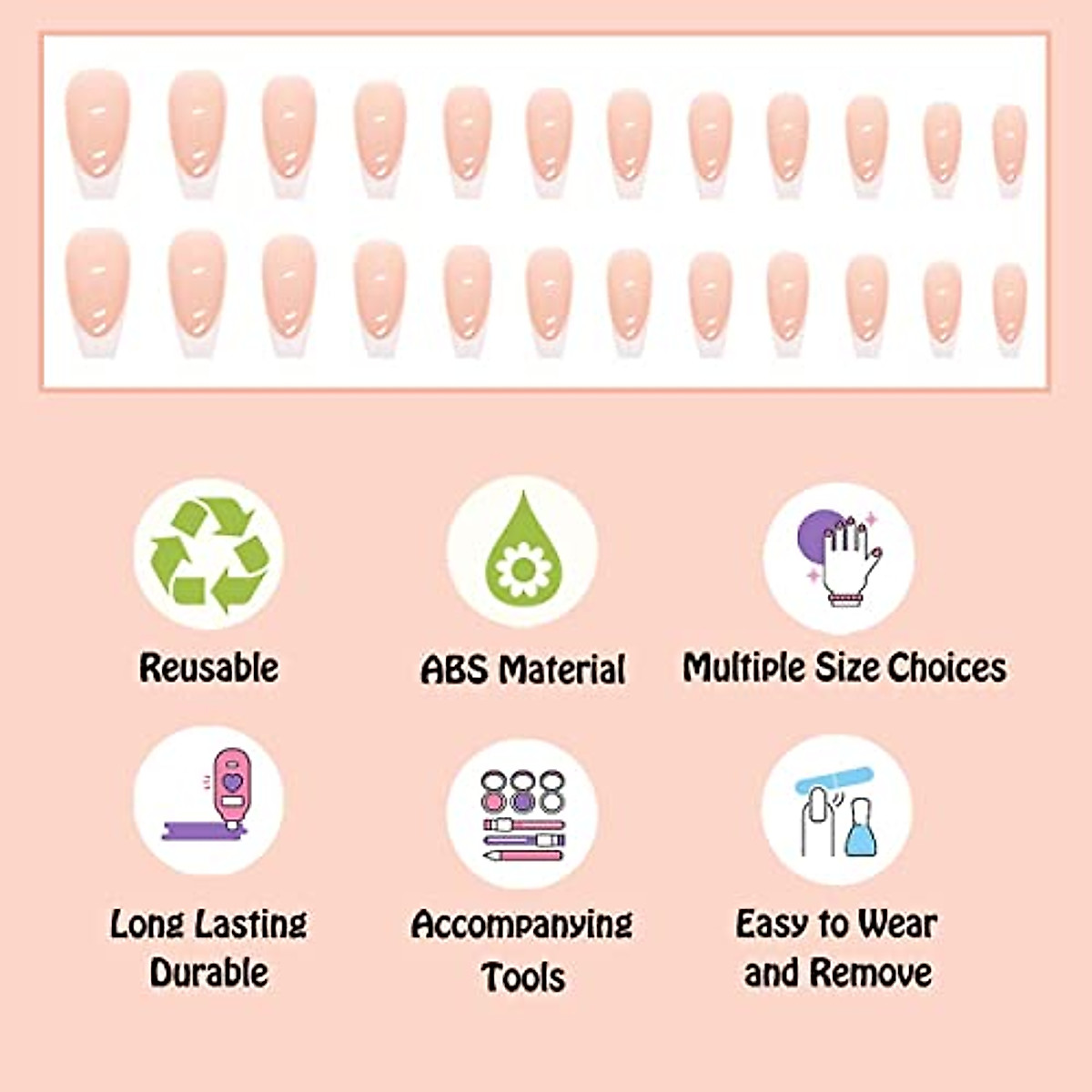 ANDGING Press on Nails Short Medium Coffin, French Tip for Women with Nude Pink White Design, Full Cover Glue on Nails, Reusable Nails Press on Stick on Nails for Christmas 24Pcs