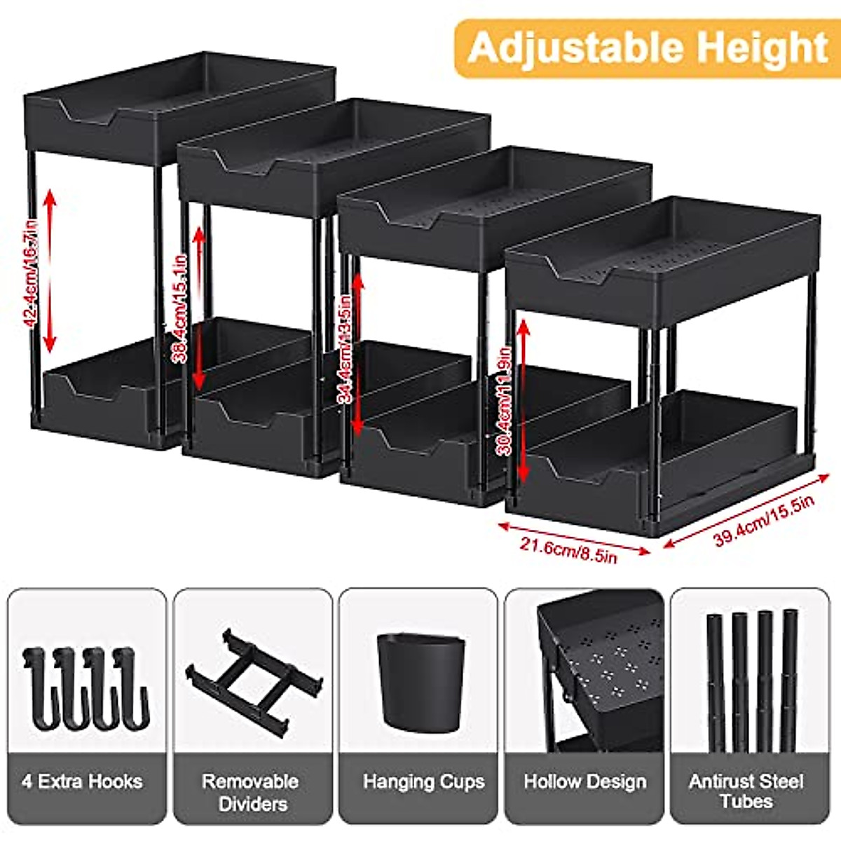 Under Sink Organizers and Storage, 2 Tier Sliding Under Cabinet Organizer with Adjustable Height, Multi-purpose Under Sink Kitchen Bathroom Organizer and Storage with Hook, Hanging Cup, Dividers