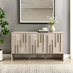 Walker Edison Contemporary Detailed 3-Door Sideboard 55 Inch Ivory Oak
