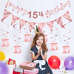 BRT Bearingshui 15th Birthday Decoration Kit for Girls, Happy 15th Birthday Banner Bunting Swirls Streamers, Triangle Flag Banner for Birthday Party Decorations Supplies Rose Gold 15th
