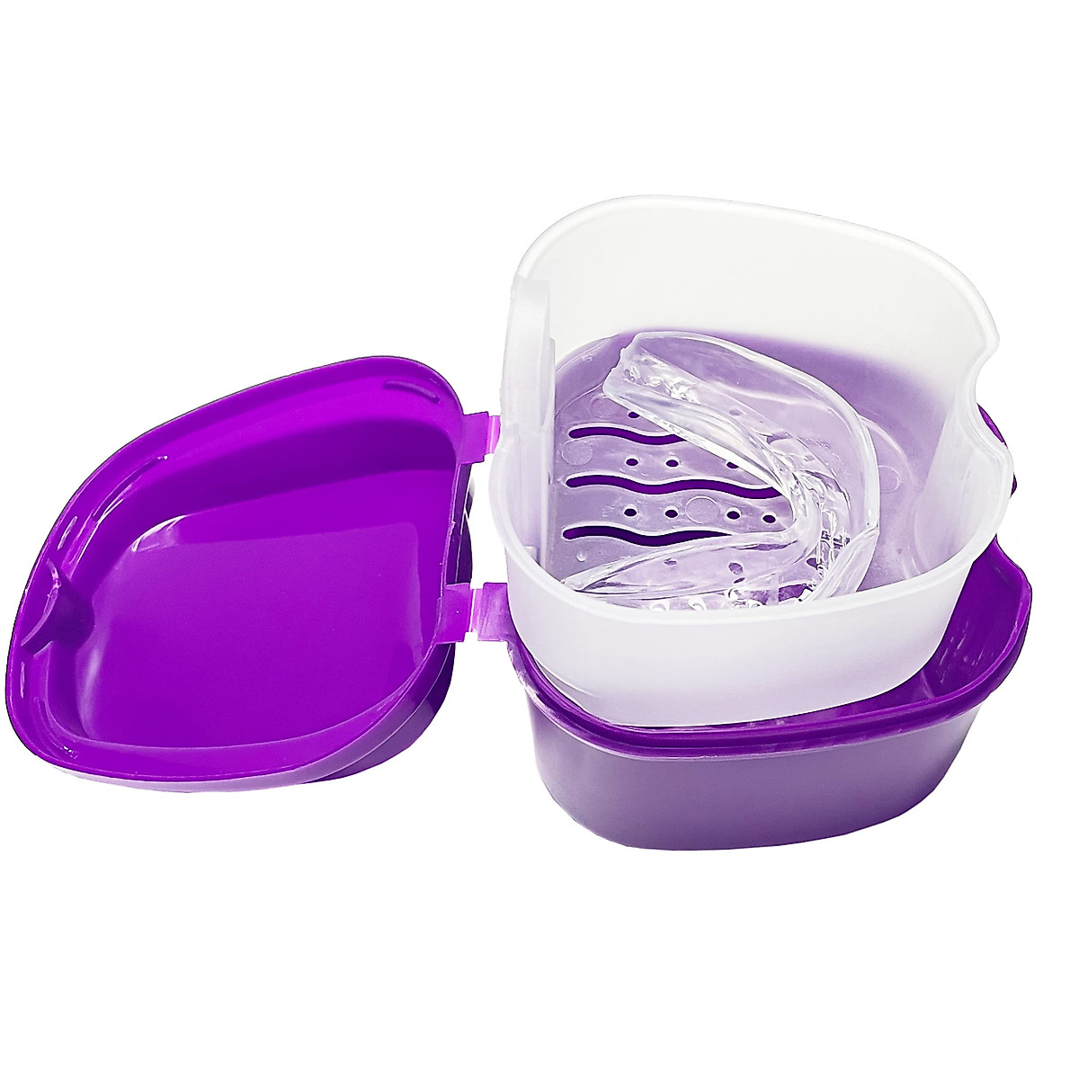 Denture Case, Denture Bath Denture Cup with Strainer,False Teeth Storage Box with Denture Brush Basket Net Container Holder for Travel, Retainer Cleaning 2Pack