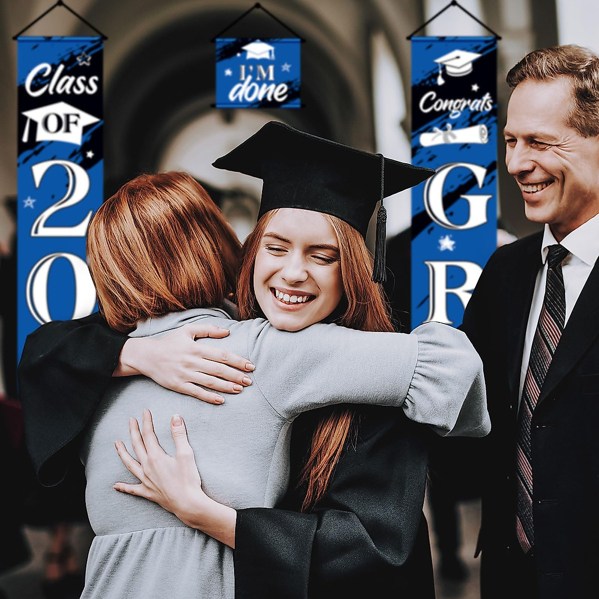 3 Pieces 2023 Graduation Banner Decorations, Class of 2023 Congrats Grad Porch Sign Hanging Banner Door Sign Welcome Decor Photo Props for College, High School Graduation Party Decorations (Blue)