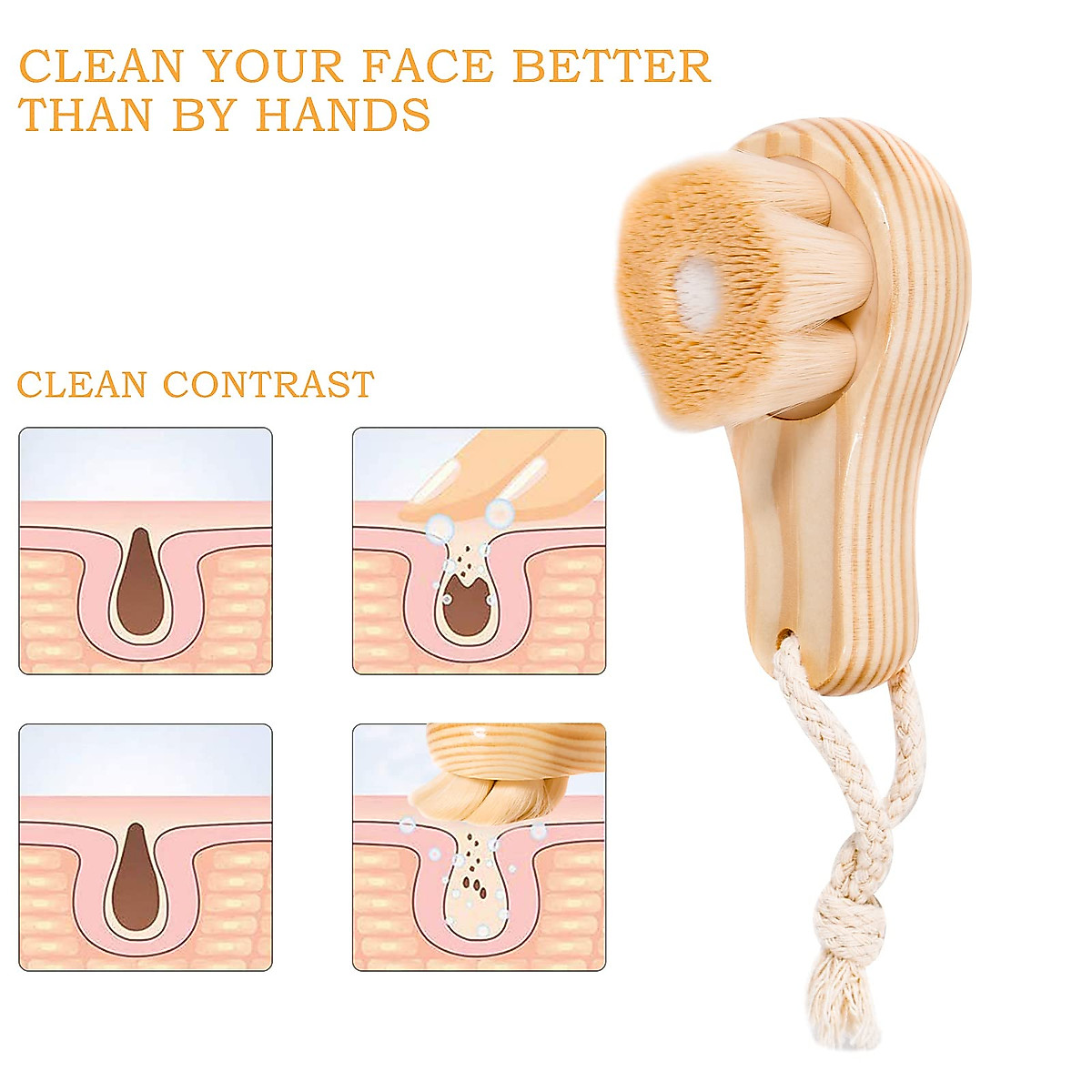 Beomeen Facial Cleansing Brush for Face Exfoliation, Ultra Fine Soft Bristle Face Brush for Deep Pore Cleansing, Wooden Handle Skin Cleaning Scrubbers for Men and Women
