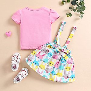 Toddler Baby Girl Easter Outfit Ruffle Short Sleeve T-Shirt Top Bunny Print Suspender Skirt 2Pcs Clothes Set (Pink, 3-4T)