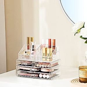 HBlife Acrylic Clear Dustproof Makeup Storage Organizer Drawers Large Skin Care Cosmetic Display Cases for Bathroom Stackable Storage Box with 4 Drawers for Vanity (Clear)