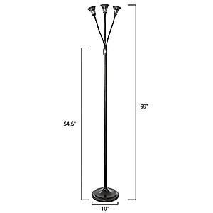 Lavish Home 3 Head Floor Lamp, LED Light with Adjustable Arms, Touch Switch and Dimmer (Black)