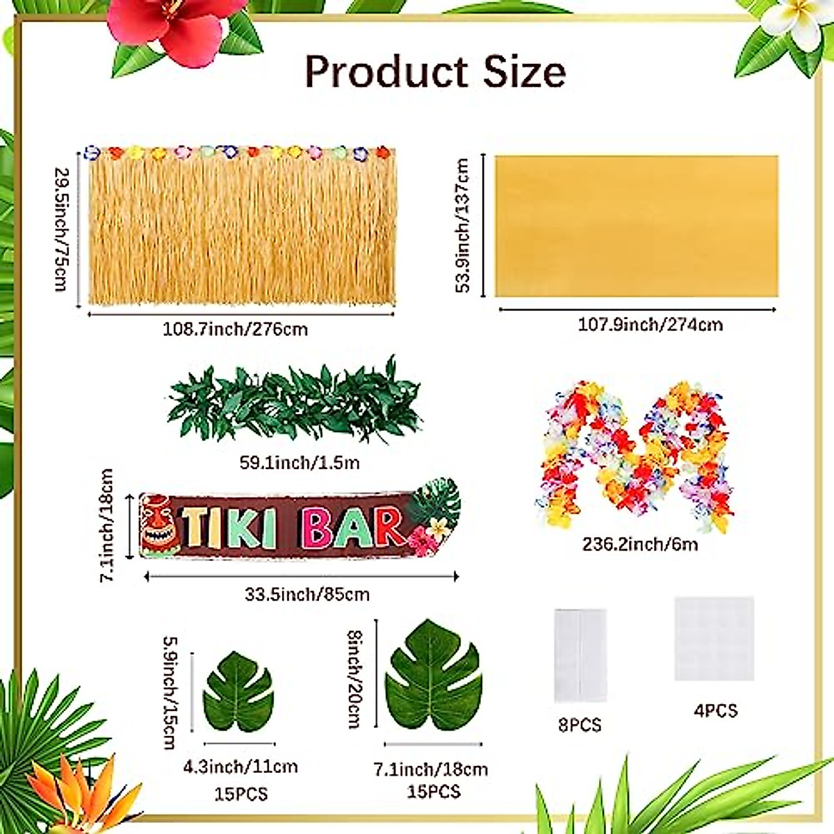 Auihiay 50PCS Tiki Bar Hut Kit, Tiki Hut Decoration Includes Tiki Bar, Banner, Roof, Palm Leaves, Flower Garland and Table Skirt, Great Hawaiian Pool Beach Luau Party Decor Supplies