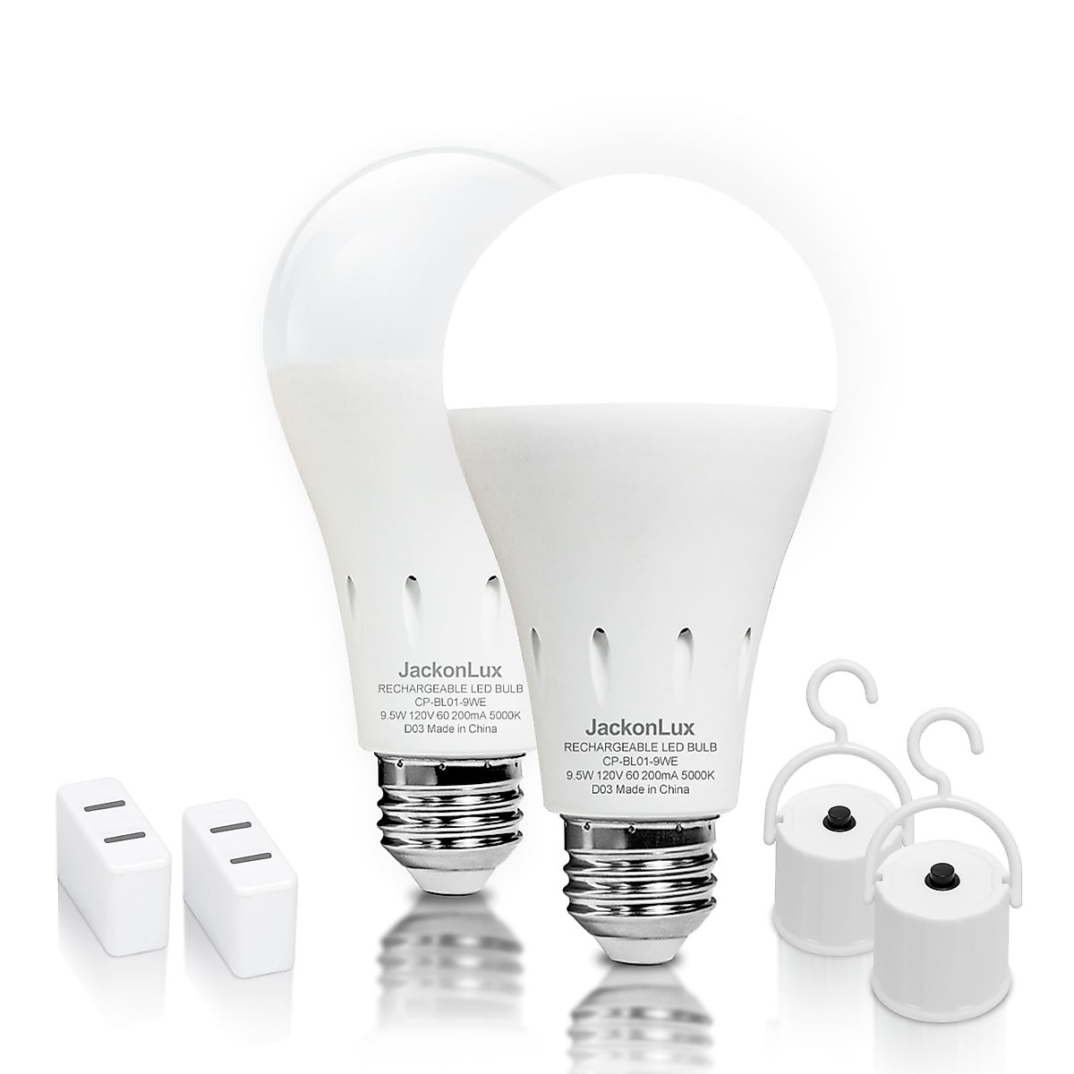 JackonLux Rechargeable Emergency LED Bulb Multi-Function Battery Backup Light for Power Outage Camping Outdoor Activity Hurricane 9W 800LM 60W Equivalent Daylight 5000K E26 120 Volt 2 Pack