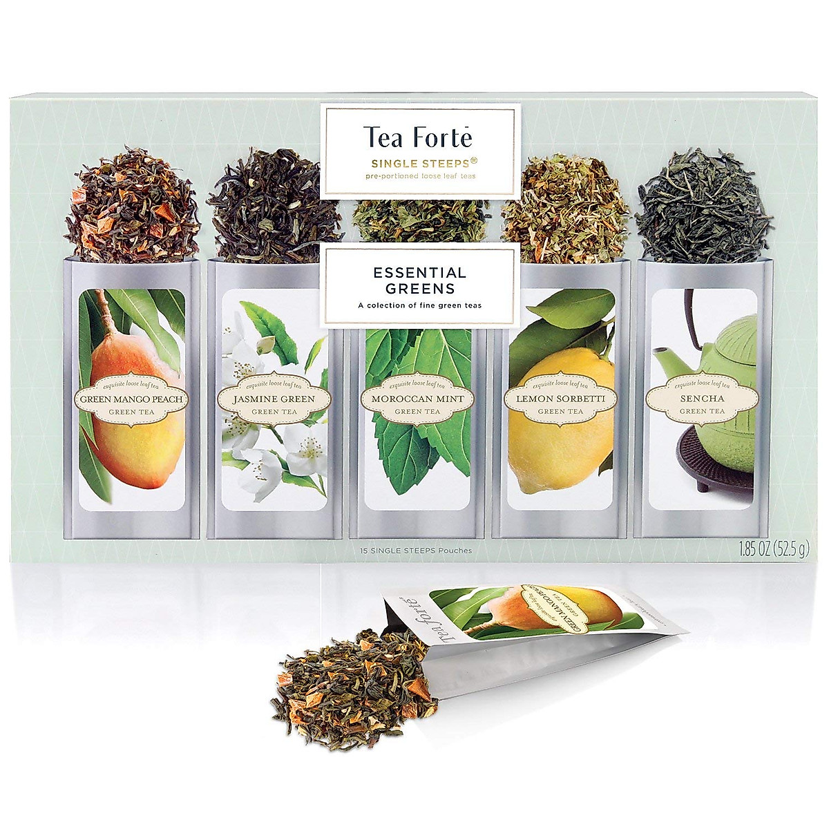 Tea Forte Single Steeps Loose Leaf Green Tea Sampler, Assorted Variety Tea Box, Single Serve Pouches, 15 Count (Pack of 1)