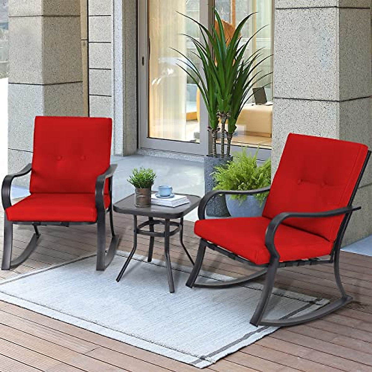 Omelaza 3 Pieces Outdoor Rocking Bistro Set, Patio Steel Furniture, Porch Chairs Conversation Set with Thickened Cushion and Glass Top Coffee Table (Red)