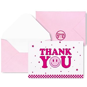 Whaline 20 Set One Happy Dude Thank You Greeting Cards with Envelopes and Stickers Hot Pink Smile Face Thank You Cards for Back to School Wedding Baby Shower Graduation Baby Bridal Birthday