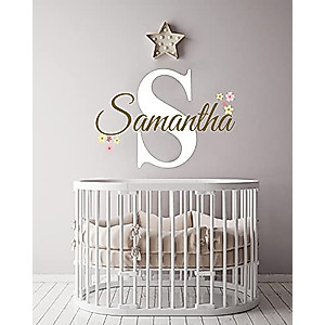 CuteDecals Custom Name and Initial with Flowers Wall Decal - Personalized & Art Mural Girls Decor Stickers for Nursery Bedroom Decoration (Mini Wide 16 inchx10 inch Height)