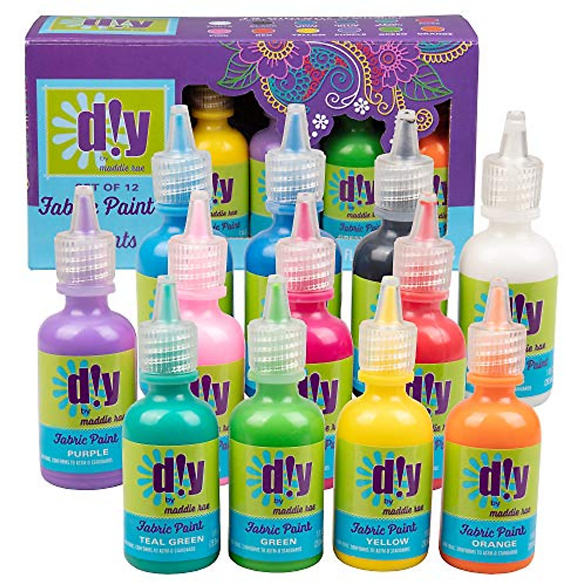 DIY Fabric Paints, Set of 12 Colors, (1oz bottles) Ultra Bright 3D Fabric Paint, Non-Toxic Water-Based and Permanent - Great Craft, Gift, Project - Decorate on Any Surface!