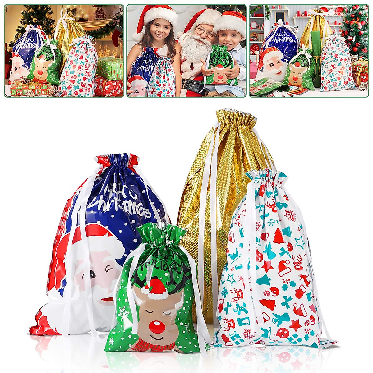 PRETYZOOM Amosfun Christmas Drawstring Gift Bags 30pcs Large Size Wrapping Upgraded Assorted Styles Santa 4 Sizes for Xmas Holiday Presents Party Favor Goody Bags with Ribbon Ties