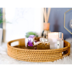 Round Rattan Decorative Tray with Natural Wood - Vanity Trays - Fruit Baskets - Small Serving Tray (13 inch)