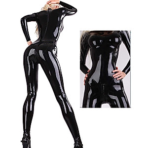 LESOYA Women's Sexy Latex Catsuit Shiny Wetlook PVC Leather Skinny Zipper Crotch Bodysuit Jumpsuit Clubwear