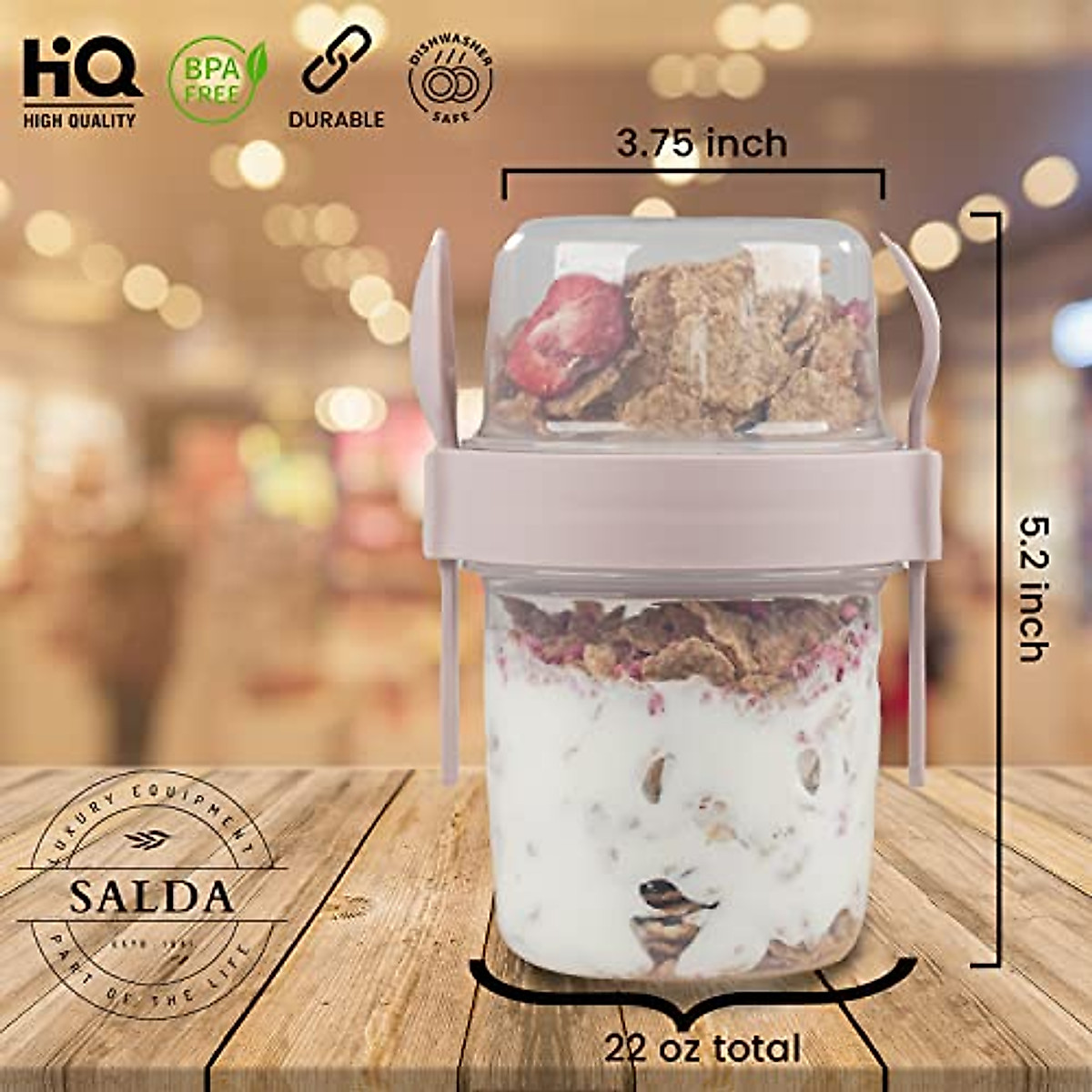 Salda 2 Pack 22 oz Breakfast On the Go Cups, Take and Go Yogurt Cup with Topping Cereal Cup with spoon and fork, Overnight Oats or Oatmeal Container Jar, Colorful Set of 2 (Red and Pink)