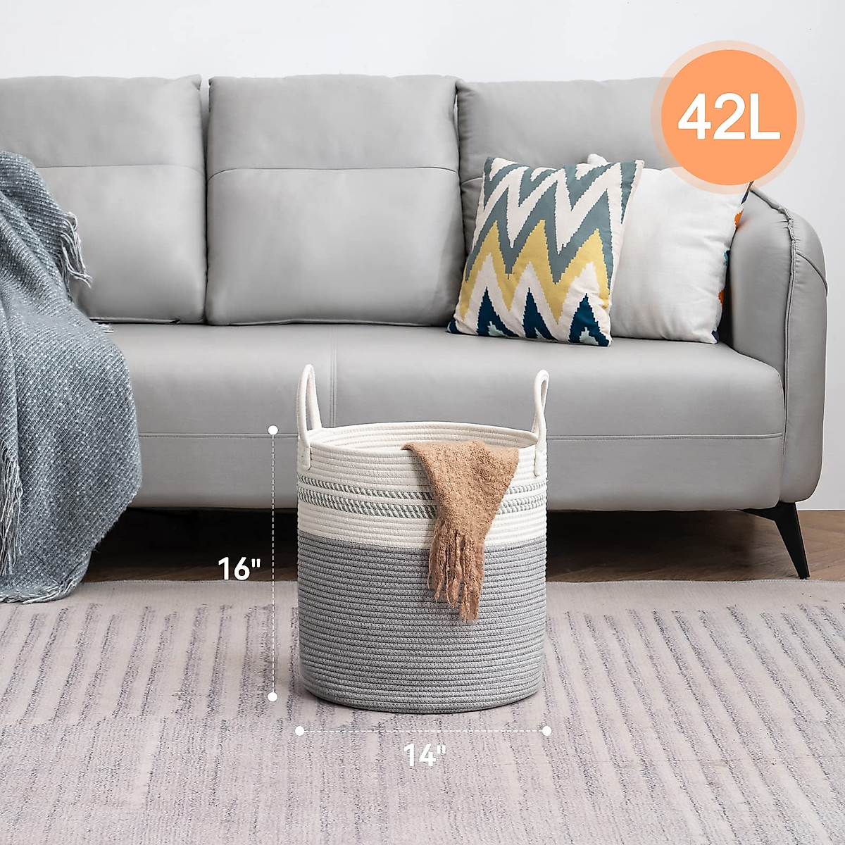 TECHMILLY Woven Rope Laundry Hamper Basket, Tall Laundry Basket Storage, Baby Nursery Hamper for Blanket, Clothes Hamper for Laundry in Bedroom and Living Room Organizing, Small, 42L, Grey